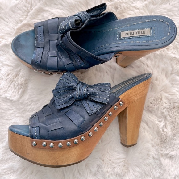 Miu Miu | Shoes | Miu Miu Blue Leather Bow Studs Heeled Platform Clogs ...